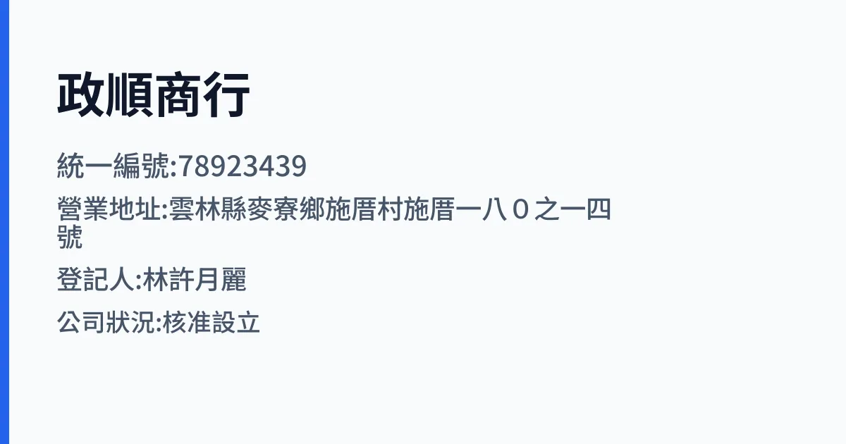 政順商行 - 統編 78923439(雲林縣) 公司登記資料與營業項目詳細圖表