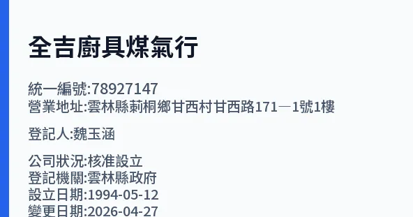 全吉廚具煤氣行的照片-統編 78927147(雲林縣) 公司登記資料與營業項目詳細圖表