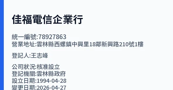 佳福電信企業行的照片-統編 78927863(雲林縣) 公司登記資料與營業項目詳細圖表