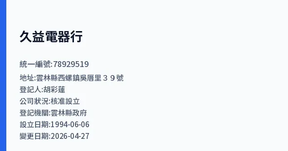 久益電器行的照片-統編 78929519(雲林縣) 公司登記資料與營業項目詳細圖表