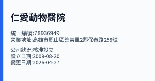 仁愛動物醫院的照片-統編 78936949(高雄市) 公司登記資料與營業項目詳細圖表