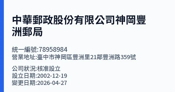 中華郵政股份有限公司神岡豐洲郵局的照片-統編 78958984(臺中市) 公司登記資料與營業項目詳細圖表
