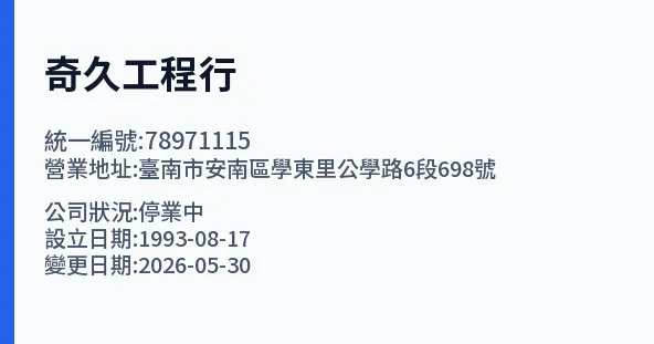 奇久工程行的照片-統編 78971115(臺南市) 公司登記資料與營業項目詳細圖表