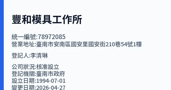豐和模具工作所的照片-統編 78972085(臺南市) 公司登記資料與營業項目詳細圖表