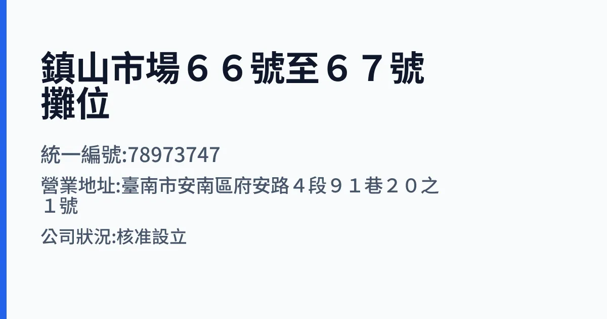 鎮山市場６６號至６７號攤位 - 統編 78973747(臺南市) 公司登記資料與營業項目詳細圖表