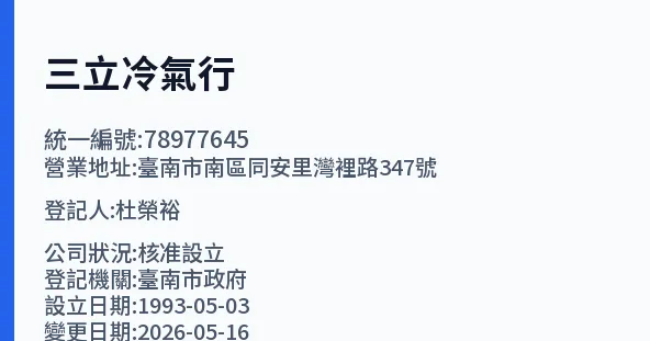 三立冷氣行的照片-統編 78977645(臺南市) 公司登記資料與營業項目詳細圖表