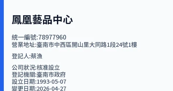 鳳凰藝品中心的照片-統編 78977960(臺南市) 公司登記資料與營業項目詳細圖表