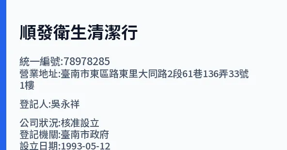 順發衛生清潔行的照片-統編 78978285(臺南市) 公司登記資料與營業項目詳細圖表