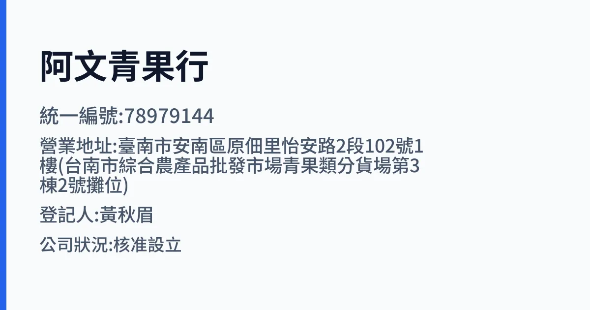 阿文青果行 - 統編 78979144(臺南市) 公司登記資料與營業項目詳細圖表