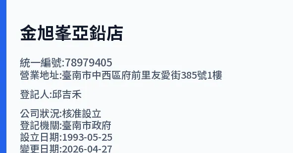 金旭峯亞鉛店的照片-統編 78979405(臺南市) 公司登記資料與營業項目詳細圖表