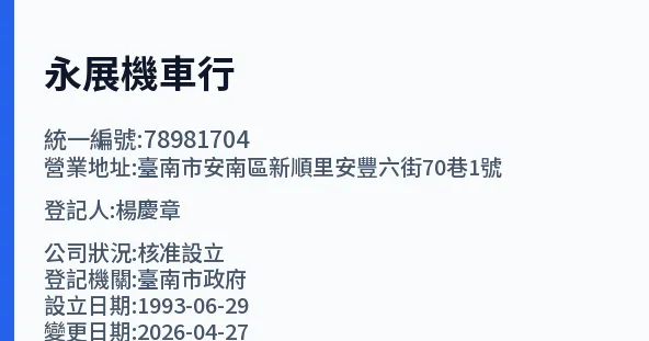 永展機車行的照片-統編 78981704(臺南市) 公司登記資料與營業項目詳細圖表