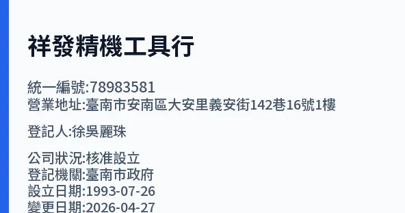 祥發精機工具行的照片-統編 78983581(臺南市) 公司登記資料與營業項目詳細圖表