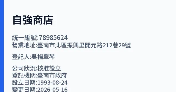 自強商店的照片-統編 78985624(臺南市) 公司登記資料與營業項目詳細圖表