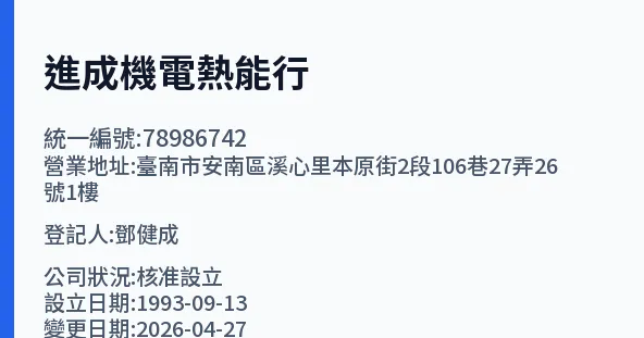進成機電熱能行的照片-統編 78986742(臺南市) 公司登記資料與營業項目詳細圖表