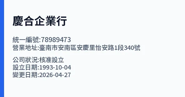 慶合企業行的照片-統編 78989473(臺南市) 公司登記資料與營業項目詳細圖表