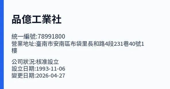 品億工業社的照片-統編 78991800(臺南市) 公司登記資料與營業項目詳細圖表