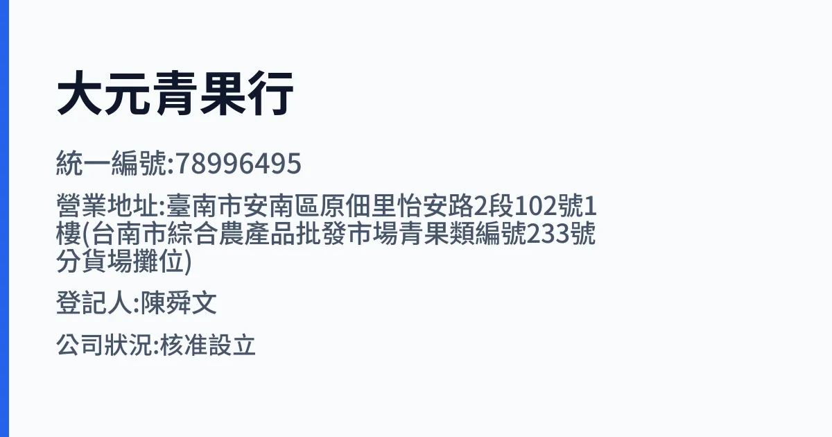 大元青果行 - 統編 78996495(臺南市) 公司登記資料與營業項目詳細圖表