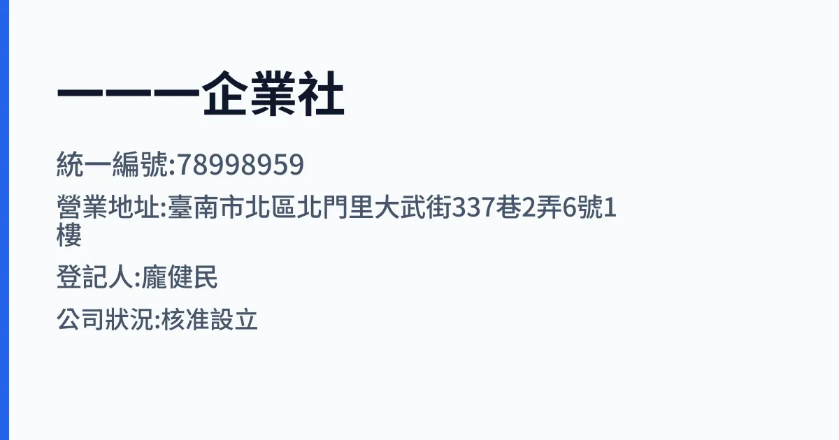 一一一企業社 - 統編 78998959(臺南市) 公司登記資料與營業項目詳細圖表