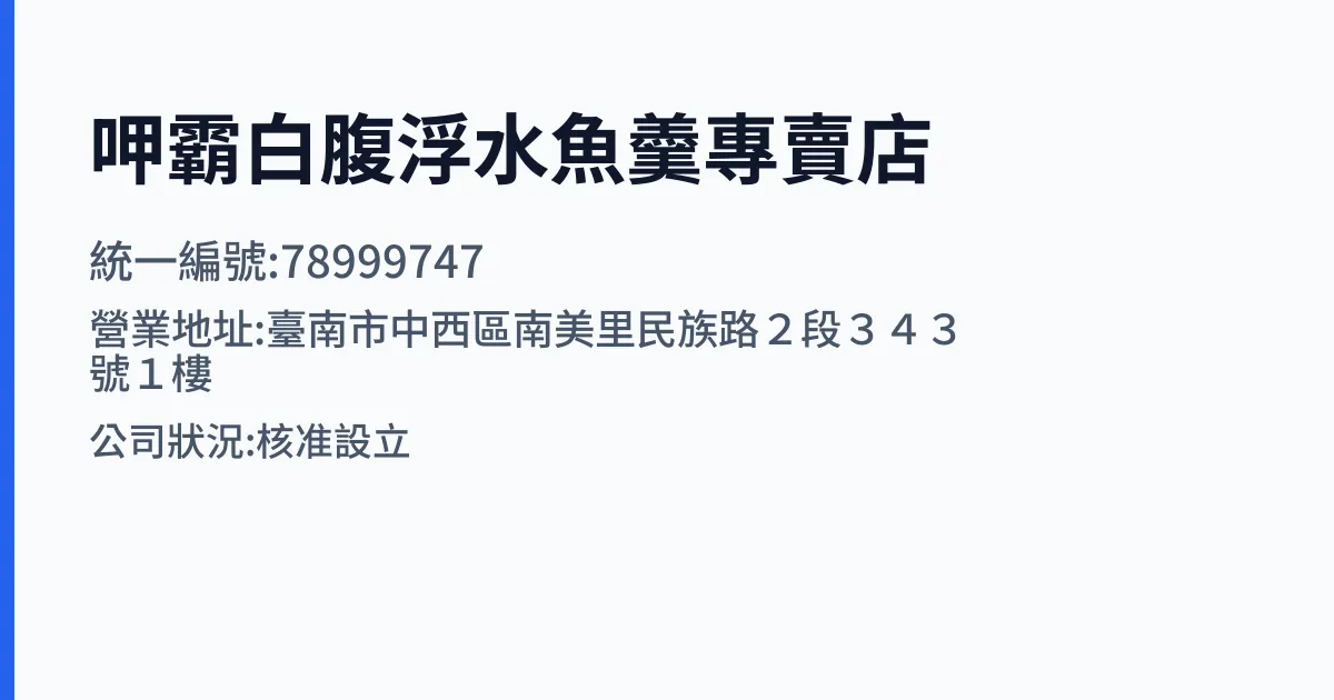 呷霸白腹浮水魚羹專賣店 - 統編 78999747(臺南市) 公司登記資料與營業項目詳細圖表