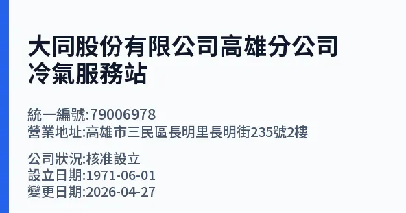 大同股份有限公司高雄分公司冷氣服務站的照片-統編 79006978(高雄市) 公司登記資料與營業項目詳細圖表