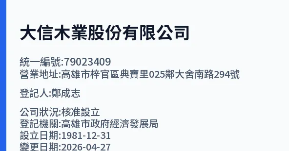 大信木業股份有限公司的照片-統編 79023409(高雄市) 公司登記資料與營業項目詳細圖表