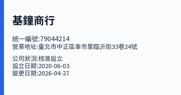 基鐘商行的照片-統編 79044214(臺北市) 公司登記資料與營業項目詳細圖表
