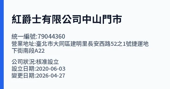 紅爵士有限公司中山門市的照片-統編 79044360(臺北市) 公司登記資料與營業項目詳細圖表