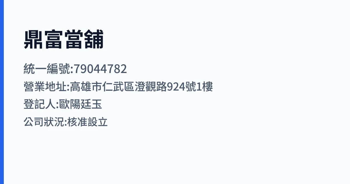 鼎富當舖 - 統編 79044782(高雄市) 公司登記資料與營業項目詳細圖表