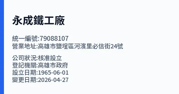 永成鐵工廠的照片-統編 79088107(高雄市) 公司登記資料與營業項目詳細圖表