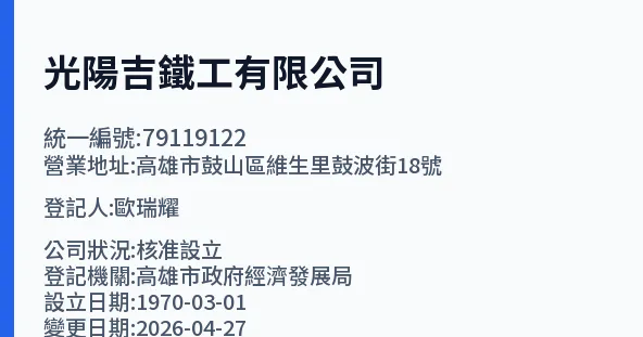 光陽吉鐵工有限公司的照片-統編 79119122(高雄市) 公司登記資料與營業項目詳細圖表
