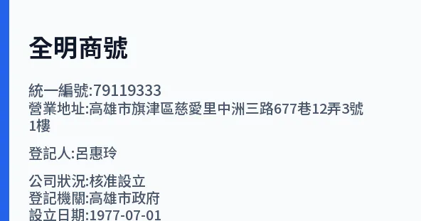全明商號的照片-統編 79119333(高雄市) 公司登記資料與營業項目詳細圖表