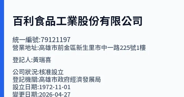 百利食品工業股份有限公司的照片-統編 79121197(高雄市) 公司登記資料與營業項目詳細圖表