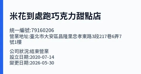 米花到處跑巧克力甜點店的照片-統編 79160206(臺北市) 公司登記資料與營業項目詳細圖表