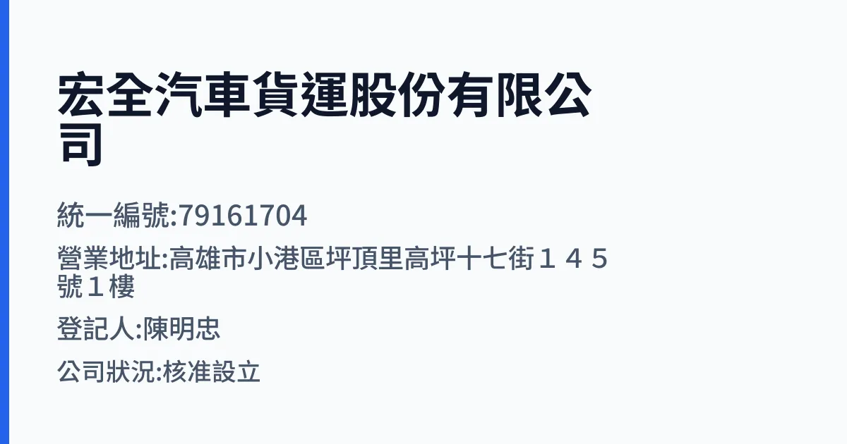 宏全汽車貨運股份有限公司 - 統編 79161704(高雄市) 公司登記資料與營業項目詳細圖表