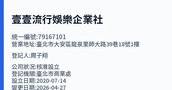 壹壹流行娛樂企業社的照片-統編 79167101(臺北市) 公司登記資料與營業項目詳細圖表