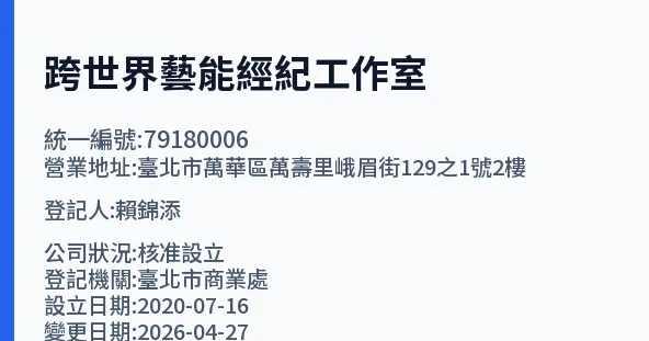 跨世界藝能經紀工作室的照片-統編 79180006(臺北市) 公司登記資料與營業項目詳細圖表