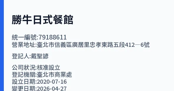 勝牛日式餐館的照片-統編 79188611(臺北市) 公司登記資料與營業項目詳細圖表
