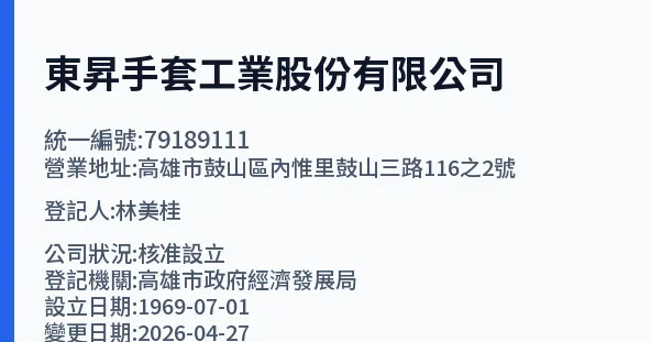 東昇手套工業股份有限公司的照片-統編 79189111(高雄市) 公司登記資料與營業項目詳細圖表