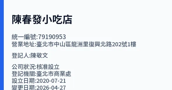 陳春發小吃店的照片-統編 79190953(臺北市) 公司登記資料與營業項目詳細圖表
