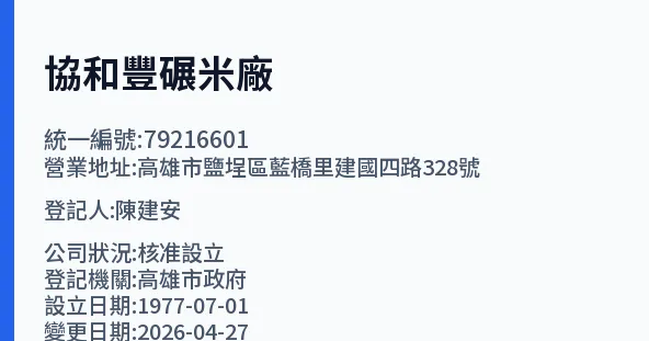 協和豐碾米廠的照片-統編 79216601(高雄市) 公司登記資料與營業項目詳細圖表