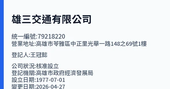 雄三交通有限公司的照片-統編 79218220(高雄市) 公司登記資料與營業項目詳細圖表