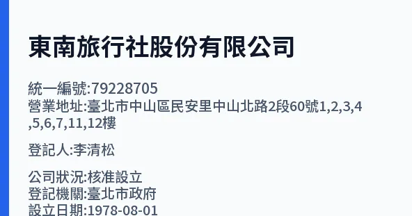 東南旅行社股份有限公司的照片-統編 79228705(臺北市) 公司登記資料與營業項目詳細圖表