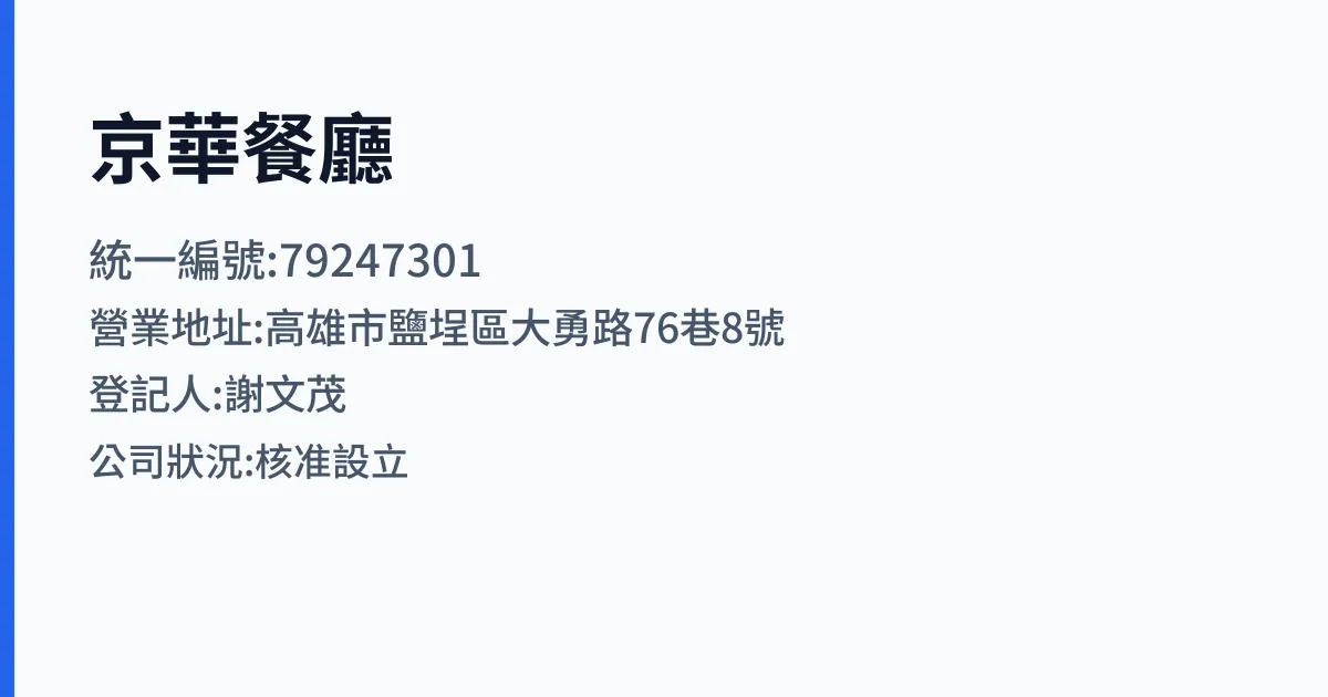 京華餐廳 - 統編 79247301(高雄市) 公司登記資料與營業項目詳細圖表