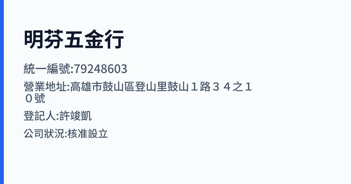 明芬五金行 - 統編 79248603(高雄市) 公司登記資料與營業項目詳細圖表