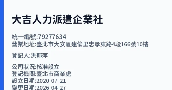 大吉人力派遣企業社的照片-統編 79277634(臺北市) 公司登記資料與營業項目詳細圖表