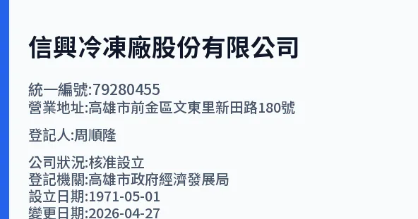 信興冷凍廠股份有限公司的照片-統編 79280455(高雄市) 公司登記資料與營業項目詳細圖表