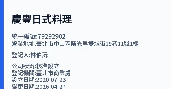 慶豐日式料理的照片-統編 79292902(臺北市) 公司登記資料與營業項目詳細圖表