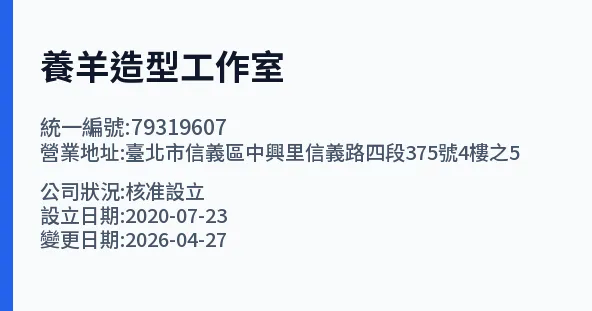 養羊造型工作室的照片-統編 79319607(臺北市) 公司登記資料與營業項目詳細圖表