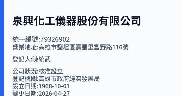 泉興化工儀器股份有限公司的照片-統編 79326902(高雄市) 公司登記資料與營業項目詳細圖表