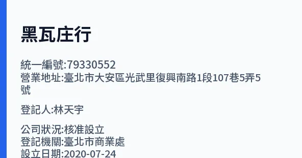 黑瓦庄行的照片-統編 79330552(臺北市) 公司登記資料與營業項目詳細圖表